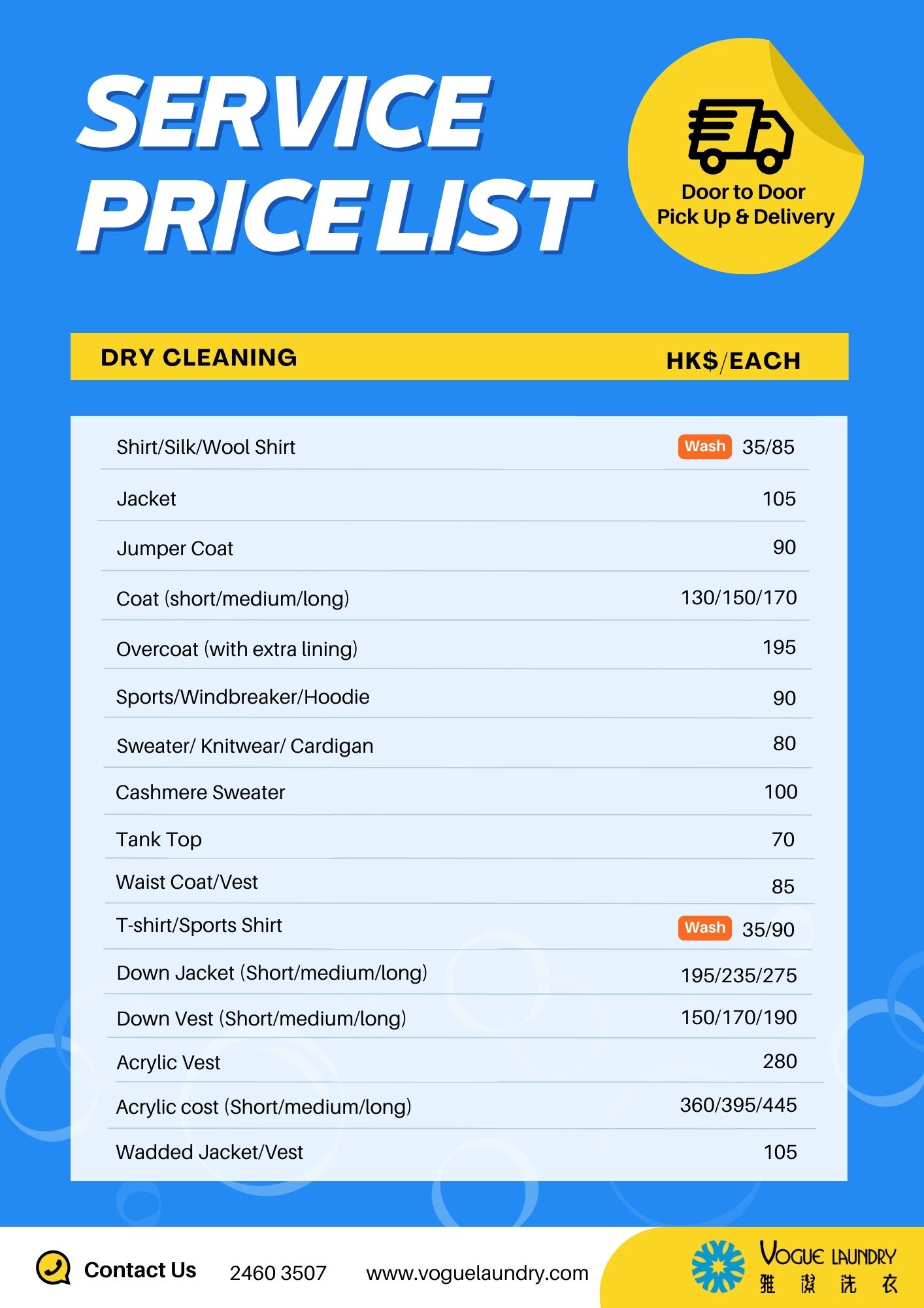Vogue Laundry – Personal Laundry – Price List