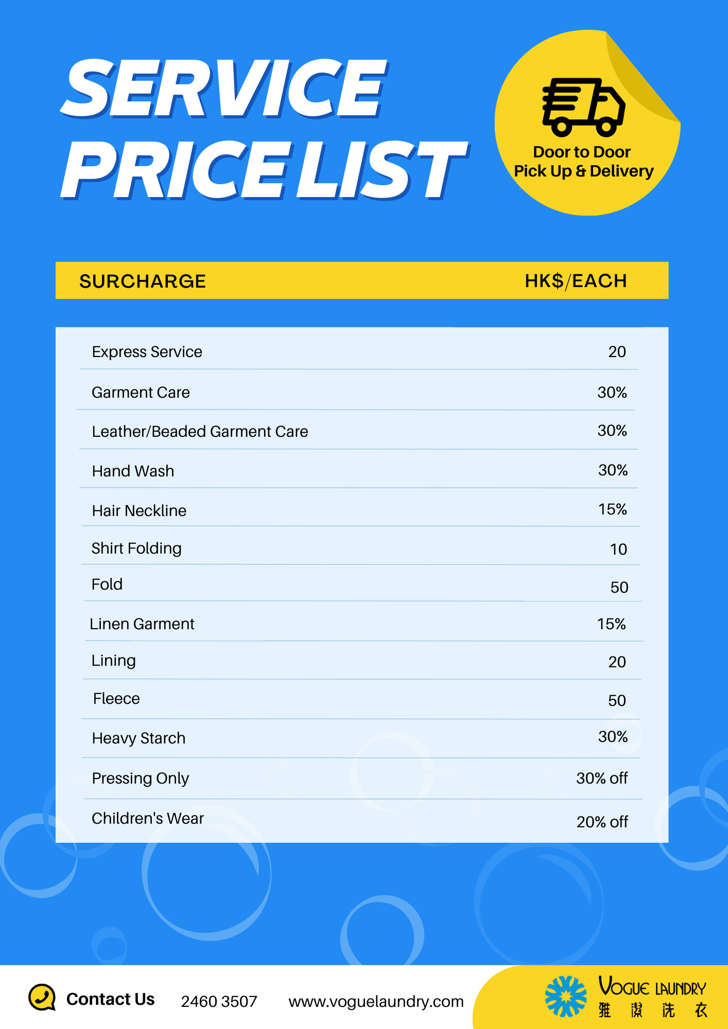 Vogue Laundry – Personal Laundry – Price List